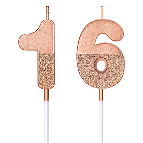 BBTO 16th Birthday Candles Glitter Cake Numeral Candles 16th Birthday Cake Topper Decoration for Birthday Wedding Anniversary Celebration Favor, Rose Gold