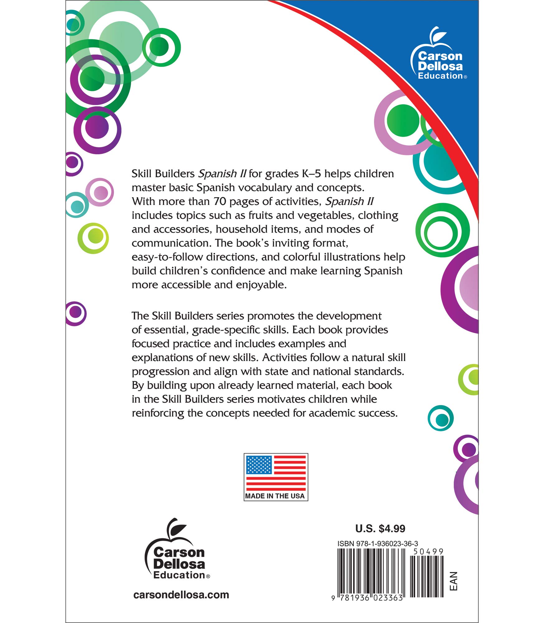 Carson Dellosa – Skill Builders Spanish II Workbook, for Grades K–5, 80 Pages With Answer Key