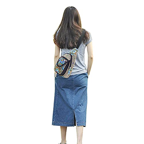 SILKAREA Embroidered Boho Small Sling Bag for Women Travel Chest Bag Crossbody Backpack Purse Shoulder Bag (Blue)