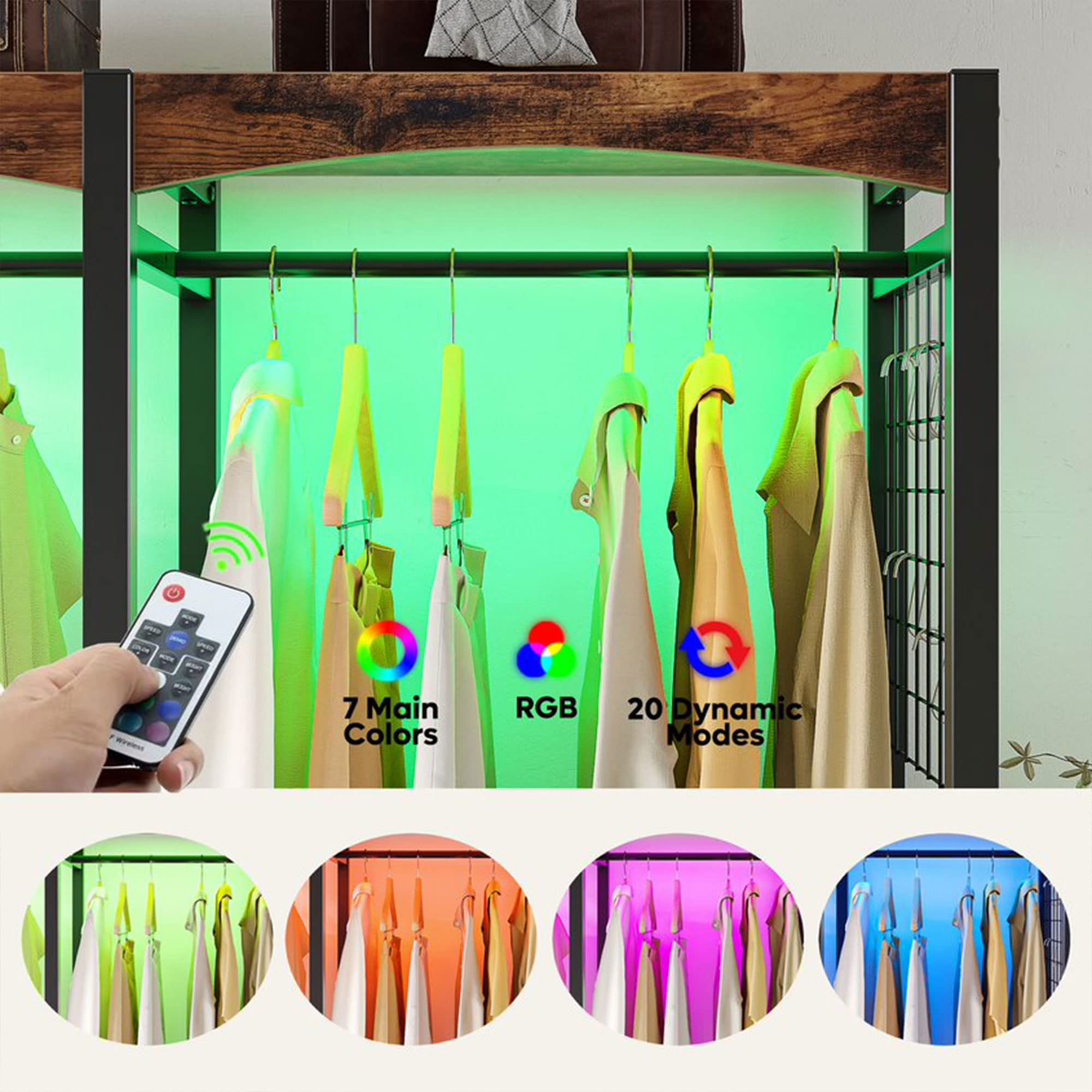 Bestier Metal Freestanding Wardrobe Storage Unit with Wooden Top Shelf & Built In Color Changing Lights w/7 Colors and 20 Dynamic Modes, Rustic Brown
