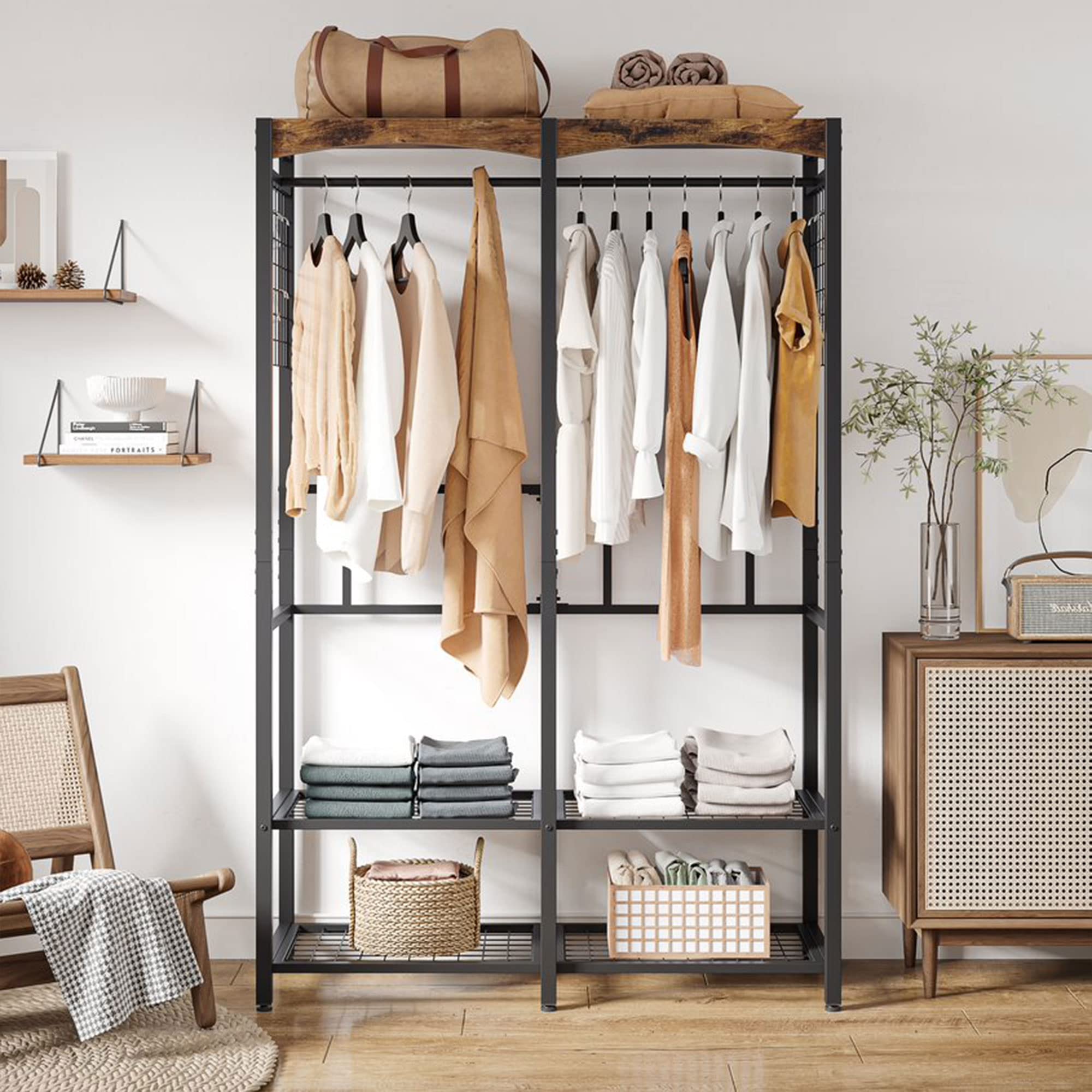 Bestier Metal Freestanding Wardrobe Storage Unit with Wooden Top Shelf & Built In Color Changing Lights w/7 Colors and 20 Dynamic Modes, Rustic Brown