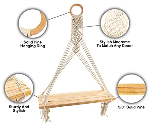 Macrame Wall Hanging Shelf, Bohemian Indoor Wall Décor, Wood Hanging Macrame Floating Shelf, Handmade Woven Twisted Cotton Rope Plant Hanger
