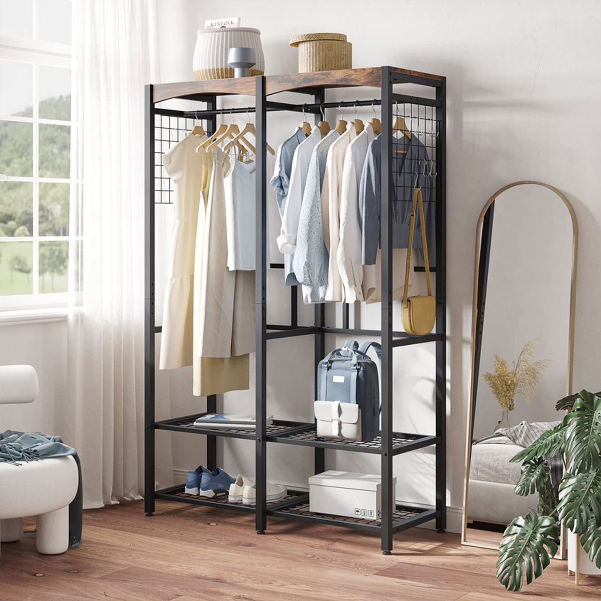 Bestier Metal Freestanding Wardrobe Storage Unit with Wooden Top Shelf & Built In Color Changing Lights w/7 Colors and 20 Dynamic Modes, Rustic Brown