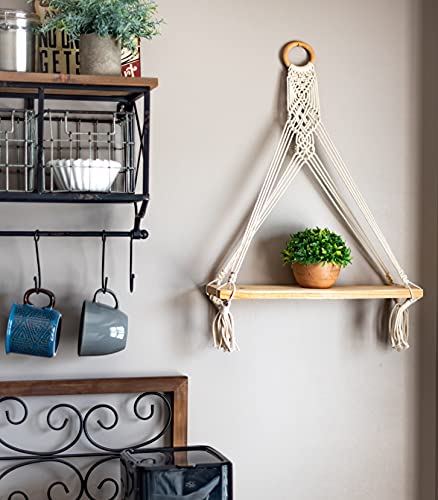 Macrame Wall Hanging Shelf, Bohemian Indoor Wall Décor, Wood Hanging Macrame Floating Shelf, Handmade Woven Twisted Cotton Rope Plant Hanger