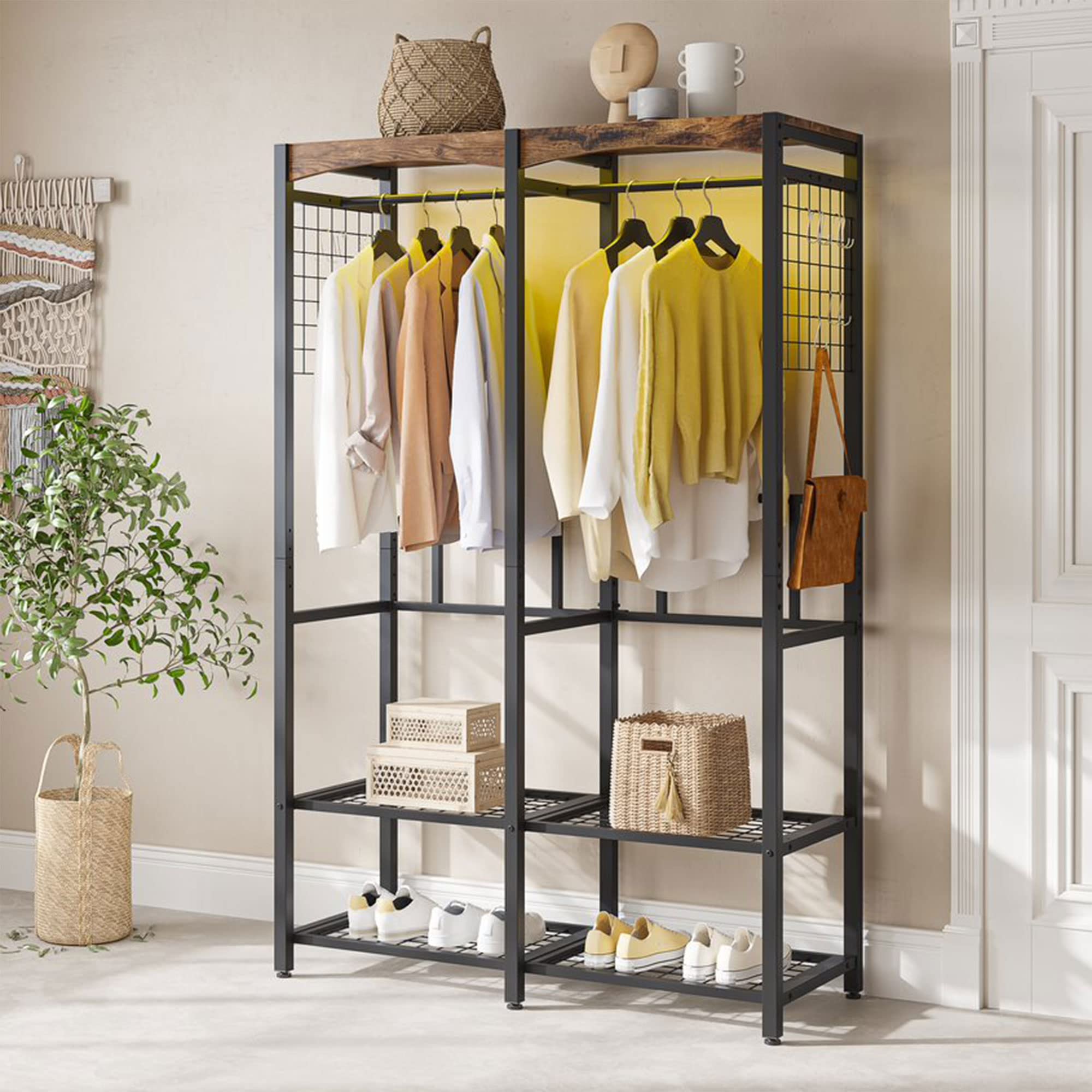 Bestier Metal Freestanding Wardrobe Storage Unit with Wooden Top Shelf & Built In Color Changing Lights w/7 Colors and 20 Dynamic Modes, Rustic Brown