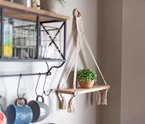 Macrame Wall Hanging Shelf, Bohemian Indoor Wall Décor, Wood Hanging Macrame Floating Shelf, Handmade Woven Twisted Cotton Rope Plant Hanger