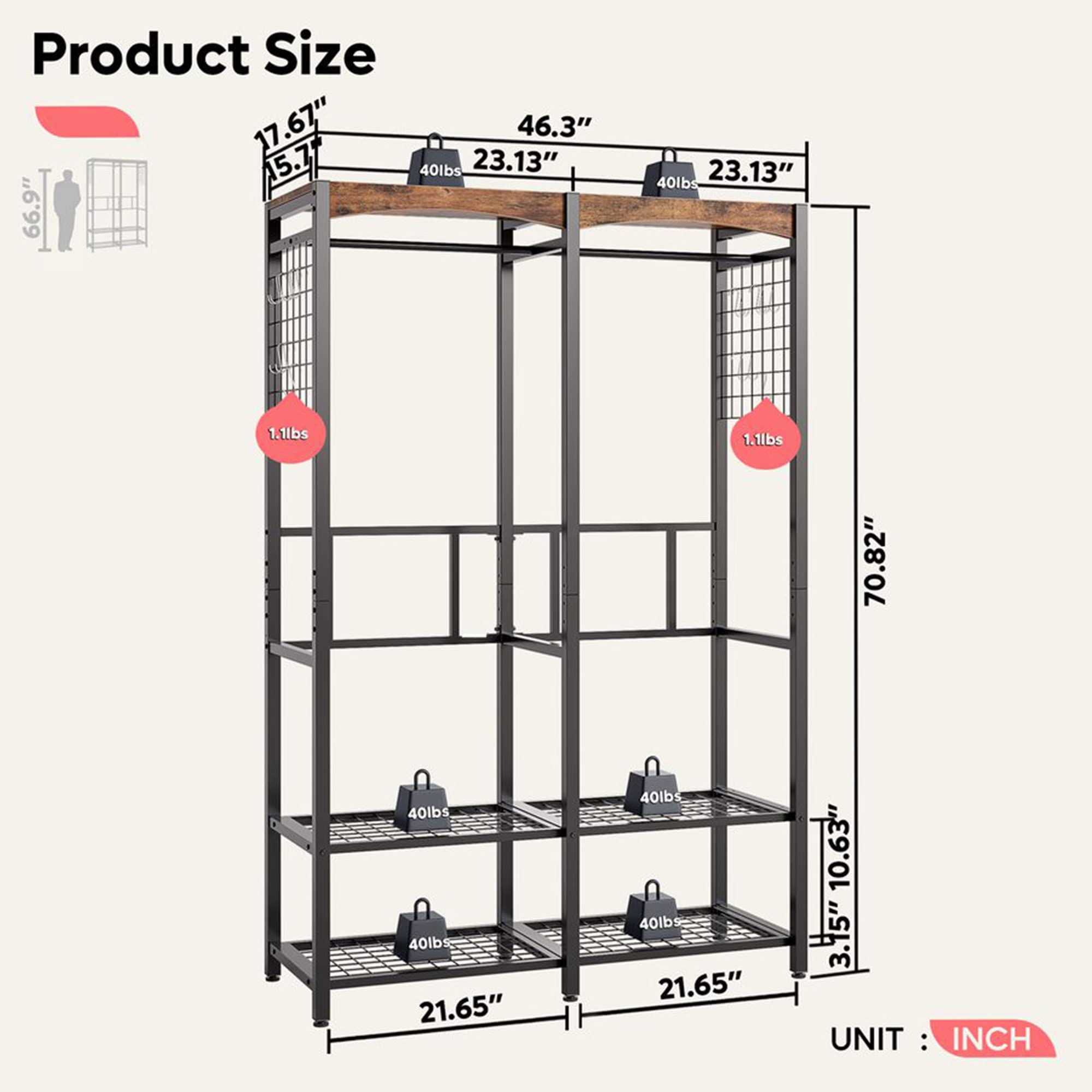 Bestier Metal Freestanding Wardrobe Storage Unit with Wooden Top Shelf & Built In Color Changing Lights w/7 Colors and 20 Dynamic Modes, Rustic Brown