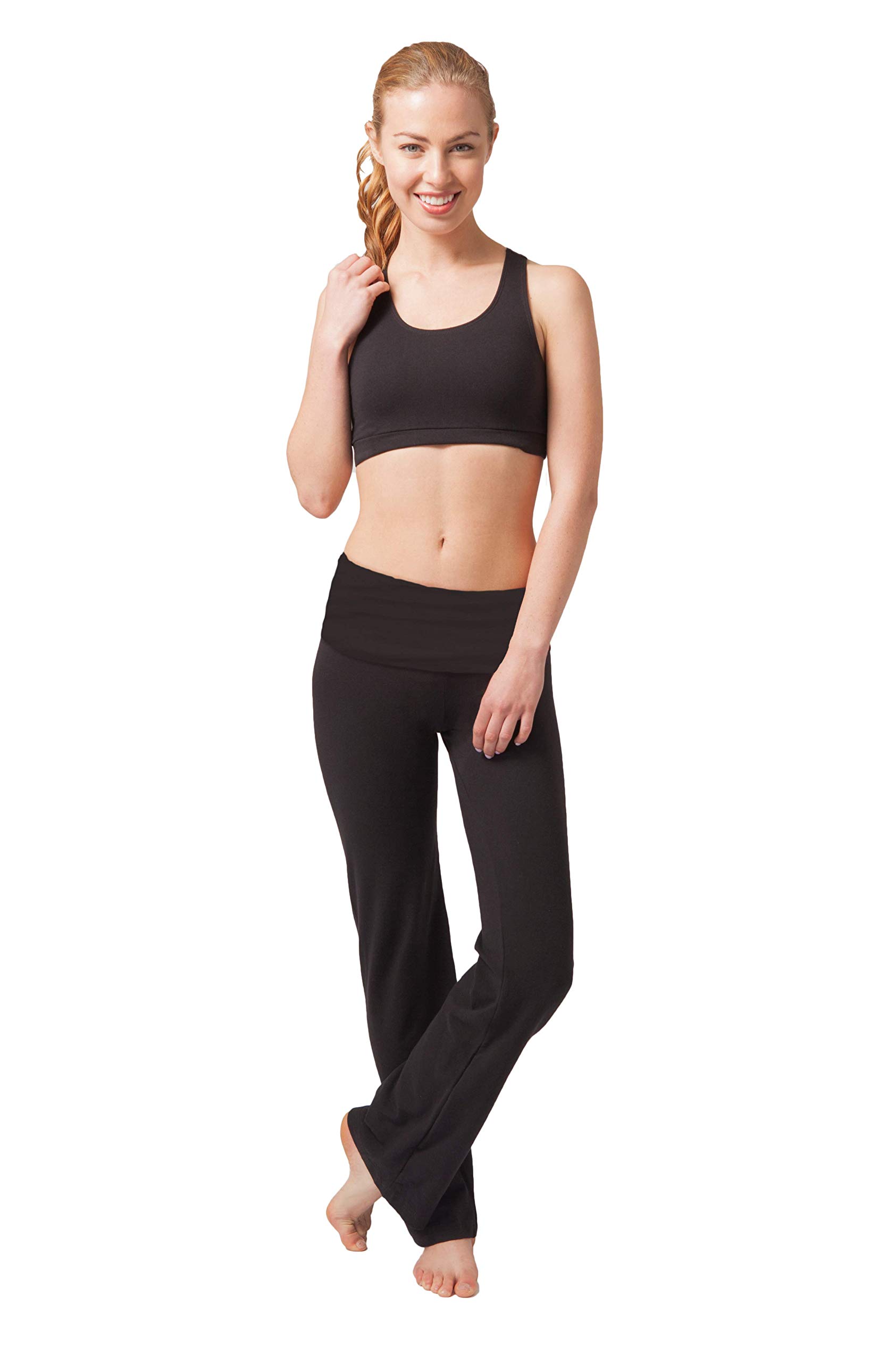 boxercraft Yoga Pant Boot Cut - Foldover Cotton/Spandex Workout Pant, Black -XS