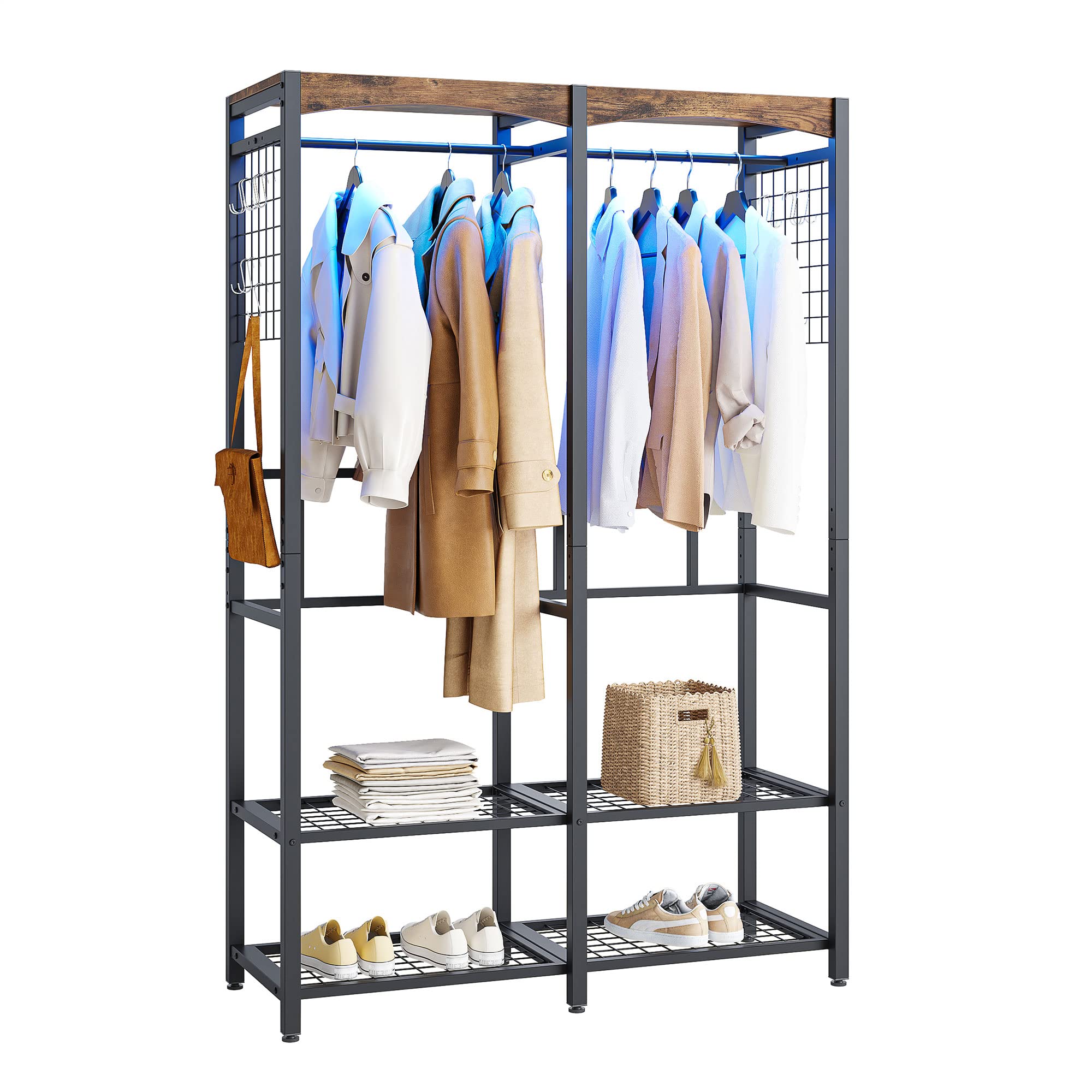 Bestier Metal Freestanding Wardrobe Storage Unit with Wooden Top Shelf & Built In Color Changing Lights w/7 Colors and 20 Dynamic Modes, Rustic Brown