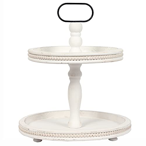 Carah&Cossh Distressed White Wood Two-Tier Tray with Metal Handle, Two Tier Stand with Beads,Farmhouse 2 Tier Serving Tray for Coffee Bar, Kitchen Counter, Dining Room Table(White)
