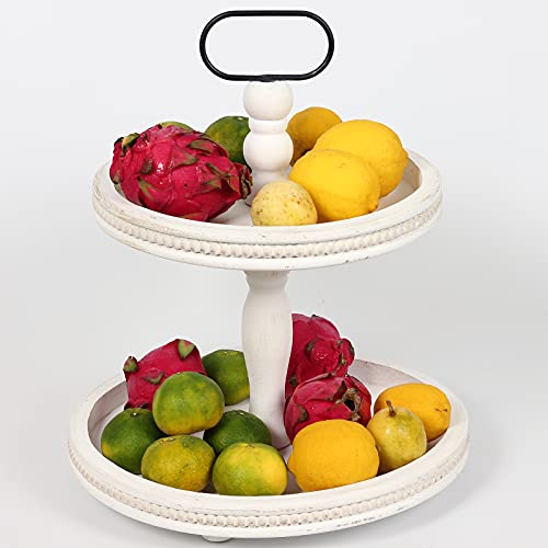 Carah&Cossh Distressed White Wood Two-Tier Tray with Metal Handle, Two Tier Stand with Beads,Farmhouse 2 Tier Serving Tray for Coffee Bar, Kitchen Counter, Dining Room Table(White)