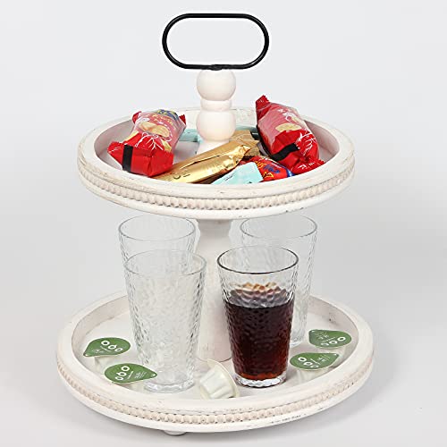 Carah&Cossh Distressed White Wood Two-Tier Tray with Metal Handle, Two Tier Stand with Beads,Farmhouse 2 Tier Serving Tray for Coffee Bar, Kitchen Counter, Dining Room Table(White)