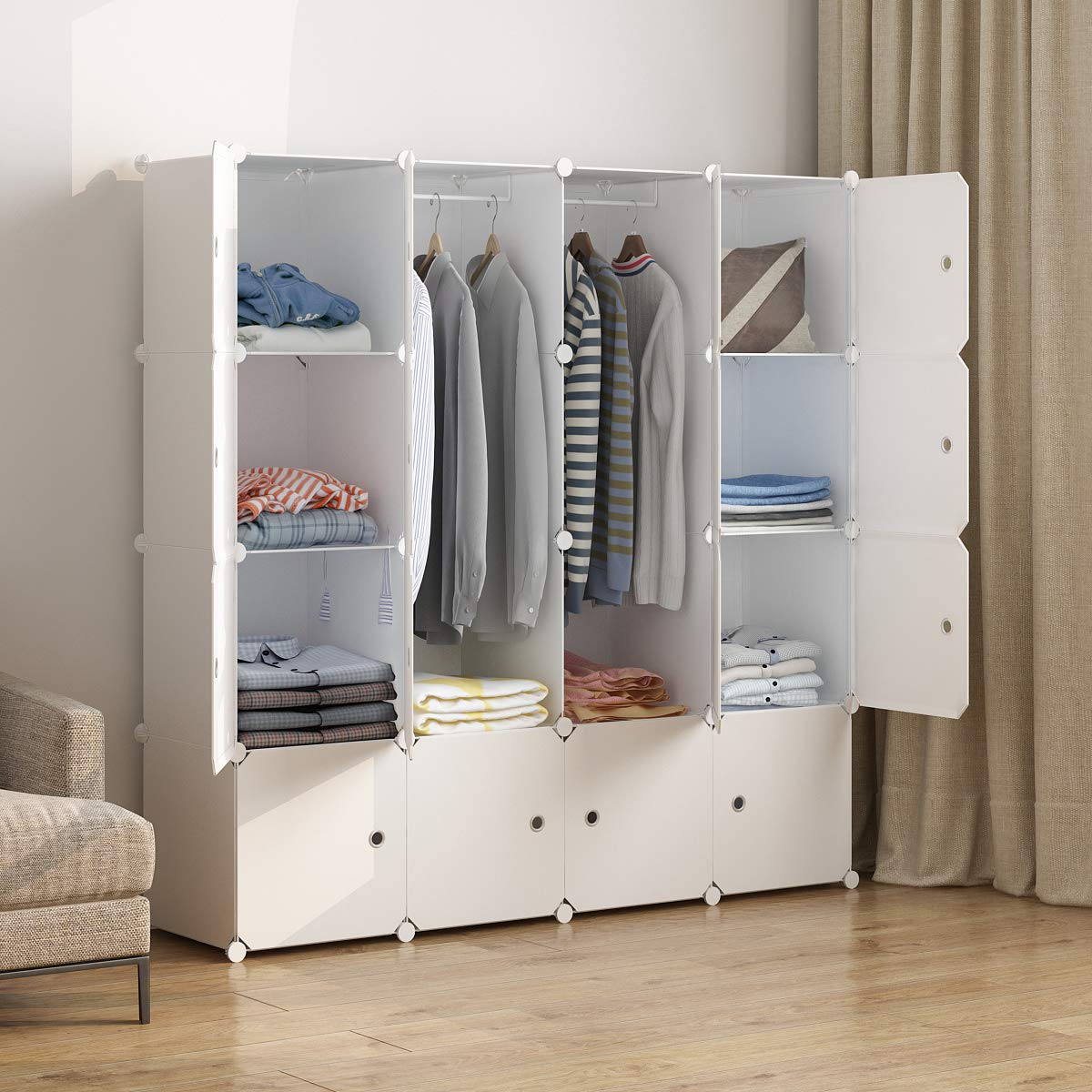 MAGINELS Portable Wardrobe Closets - 14"x18" Depth (16 Cube) Cube Storage, Bedroom Armoire, Wardrobe Storage Closet, Clothes Dresser, Closet Storage Organizer, White