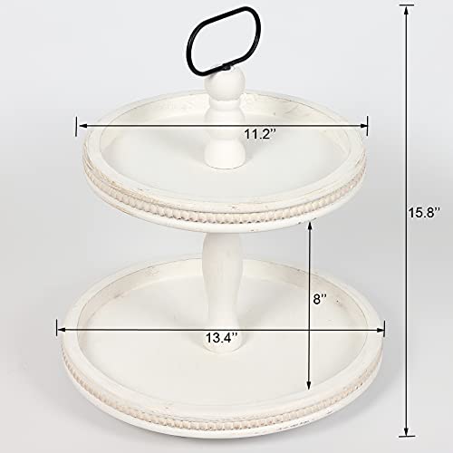 Carah&Cossh Distressed White Wood Two-Tier Tray with Metal Handle, Two Tier Stand with Beads,Farmhouse 2 Tier Serving Tray for Coffee Bar, Kitchen Counter, Dining Room Table(White)