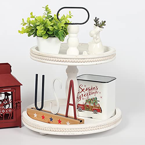 Carah&Cossh Distressed White Wood Two-Tier Tray with Metal Handle, Two Tier Stand with Beads,Farmhouse 2 Tier Serving Tray for Coffee Bar, Kitchen Counter, Dining Room Table(White)