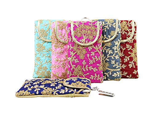GoldGiftIdeas Embroidered Vintage Mobile Potli Pouches, Potli Bags for Return Gifts, Indian Potli Bag Set for Women, Shagun Potlies for Home Functions (Set of 6)
