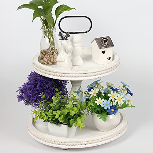 Carah&Cossh Distressed White Wood Two-Tier Tray with Metal Handle, Two Tier Stand with Beads,Farmhouse 2 Tier Serving Tray for Coffee Bar, Kitchen Counter, Dining Room Table(White)