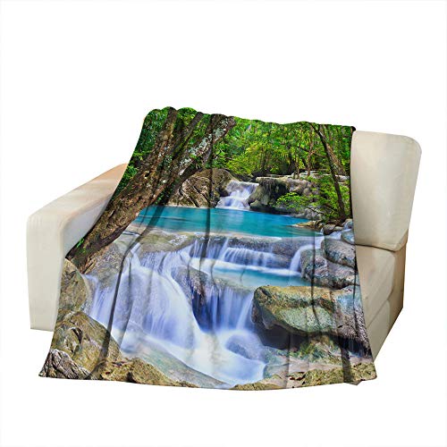 Beabes Waterfall Throw Blanket Deep Forest Green Trees Waterfall Flowing River Spring Nature Scene Cosy Throw Blanket Flannel Fleece for Bedroom Sofa Couch Car Deck Chair 60x80 Inch