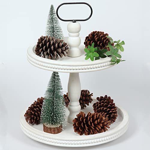 Carah&Cossh Distressed White Wood Two-Tier Tray with Metal Handle, Two Tier Stand with Beads,Farmhouse 2 Tier Serving Tray for Coffee Bar, Kitchen Counter, Dining Room Table(White)