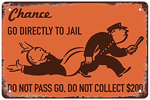 Rosefinchstone chance card vintage monopoly go directly to jail Metal Tin Sign Wall Decor Fun Decoration for Home Kitchen Bar Room Garage Vintage Retro Poster Plaque 12*8 Inch
