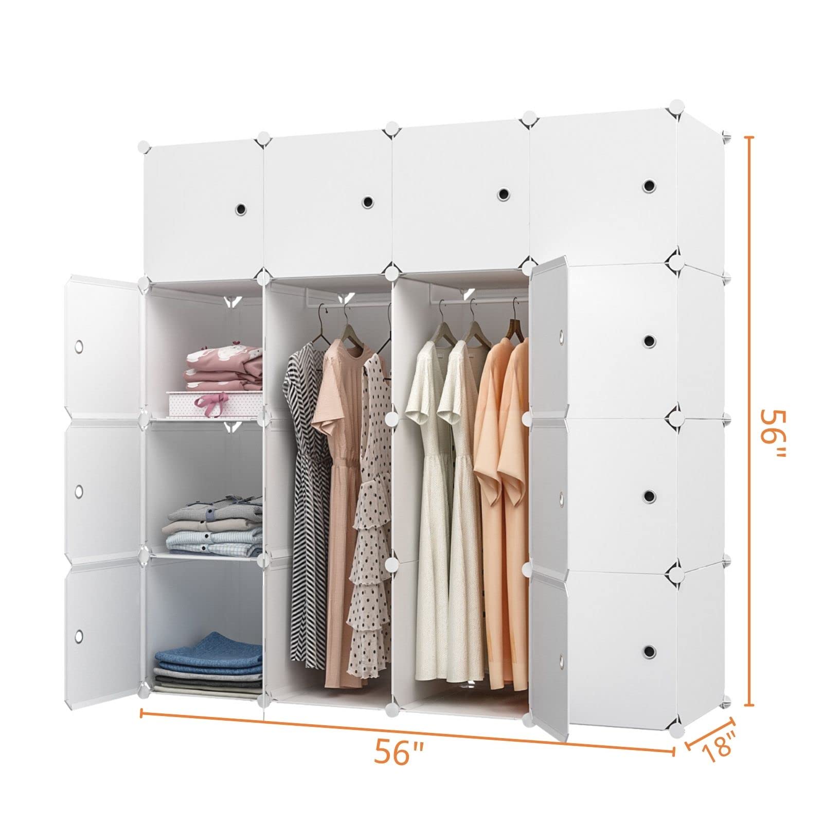 MAGINELS Portable Wardrobe Closets - 14"x18" Depth (16 Cube) Cube Storage, Bedroom Armoire, Wardrobe Storage Closet, Clothes Dresser, Closet Storage Organizer, White