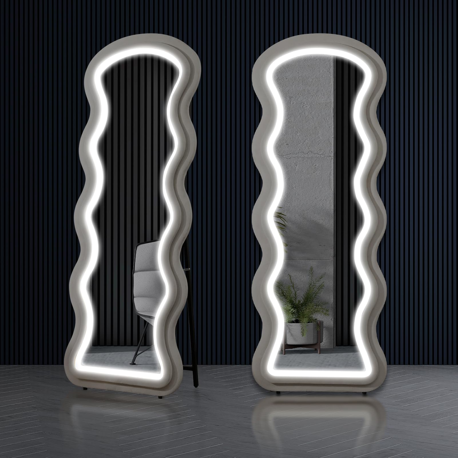 YOSHOOT LED Wavy Mirror Full Length, 63"x24" Floor Tall Body Mirror with Lights, Lighted Irregular Big Long Dressing Mirror, Free Standing, Flannel Wrapped Wooden Frame, Dimming & 3 Color Modes