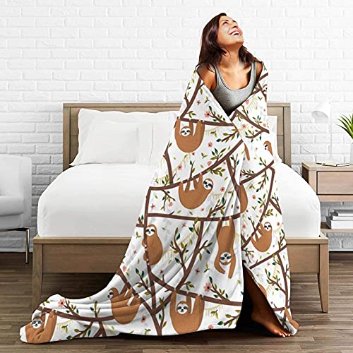 Cartoon Sloth Sloth on The Tree Flannel Blanket Fleece Throw Blanket Ultra Soft Blanket Comfortable Warm Bed Blanket for Bed Couch Sofa Living Room
