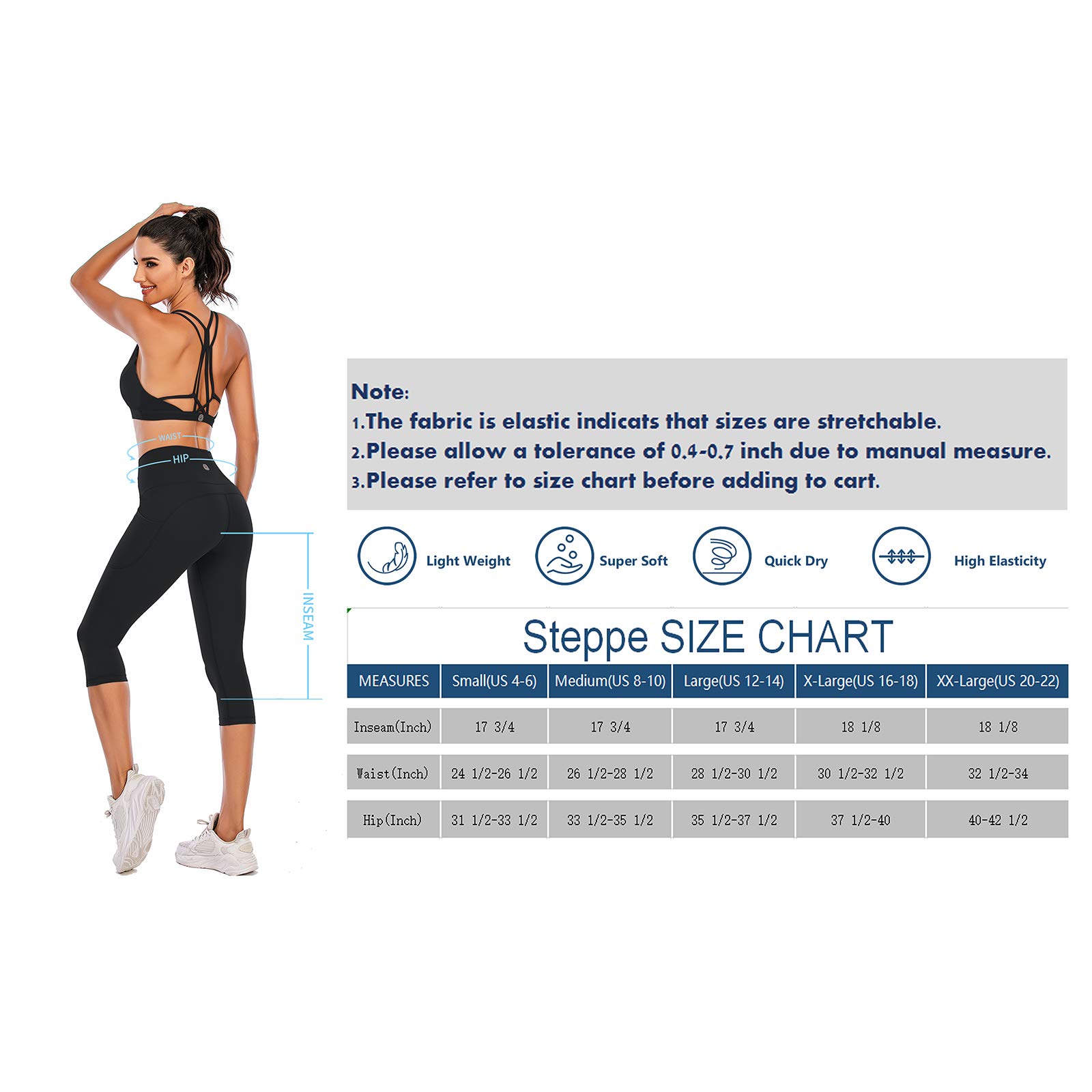 Steppe Naked Feeling High Waisted Yoga Pants Women's Workout Capris Leggings with Pockets Tummy Control Buttery Soft Running Compression Capris for Athletic Gym Exercise Fitness Black-XXL