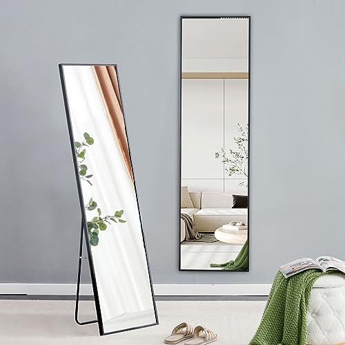 Yone jx je 59"x16" Full Length Mirror with Stand, Large Full Size Body Mirror Hanging or Leaning Against Wall, Long Mirror Wall Mirror, Floor Mirror for Bedroom(Black+Mirror)