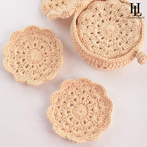 Crochet Doilies 4 Inch Coaster Set, Doily Crochet Coasters Set with Holder, Dollies Crochet Coasters for Wedding Decorations, Outdoor Coasters for Patio Table, Pack of 7, Beige