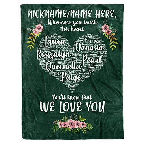 Personalized Custom Kids Grandkids Names for Dad Mom Grandma Nana Grandpa Nana Customized Christmas Holiday Fleece Sherpa Blanket Bed Throw Tapestry Wall Hanging (Green - Touch Heart, Fleece - 50x60)