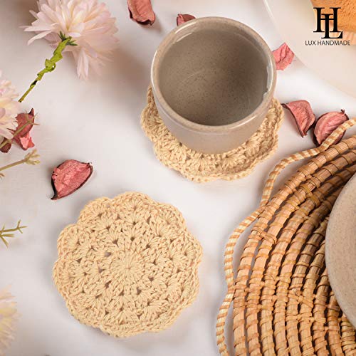 Crochet Doilies 4 Inch Coaster Set, Doily Crochet Coasters Set with Holder, Dollies Crochet Coasters for Wedding Decorations, Outdoor Coasters for Patio Table, Pack of 7, Beige