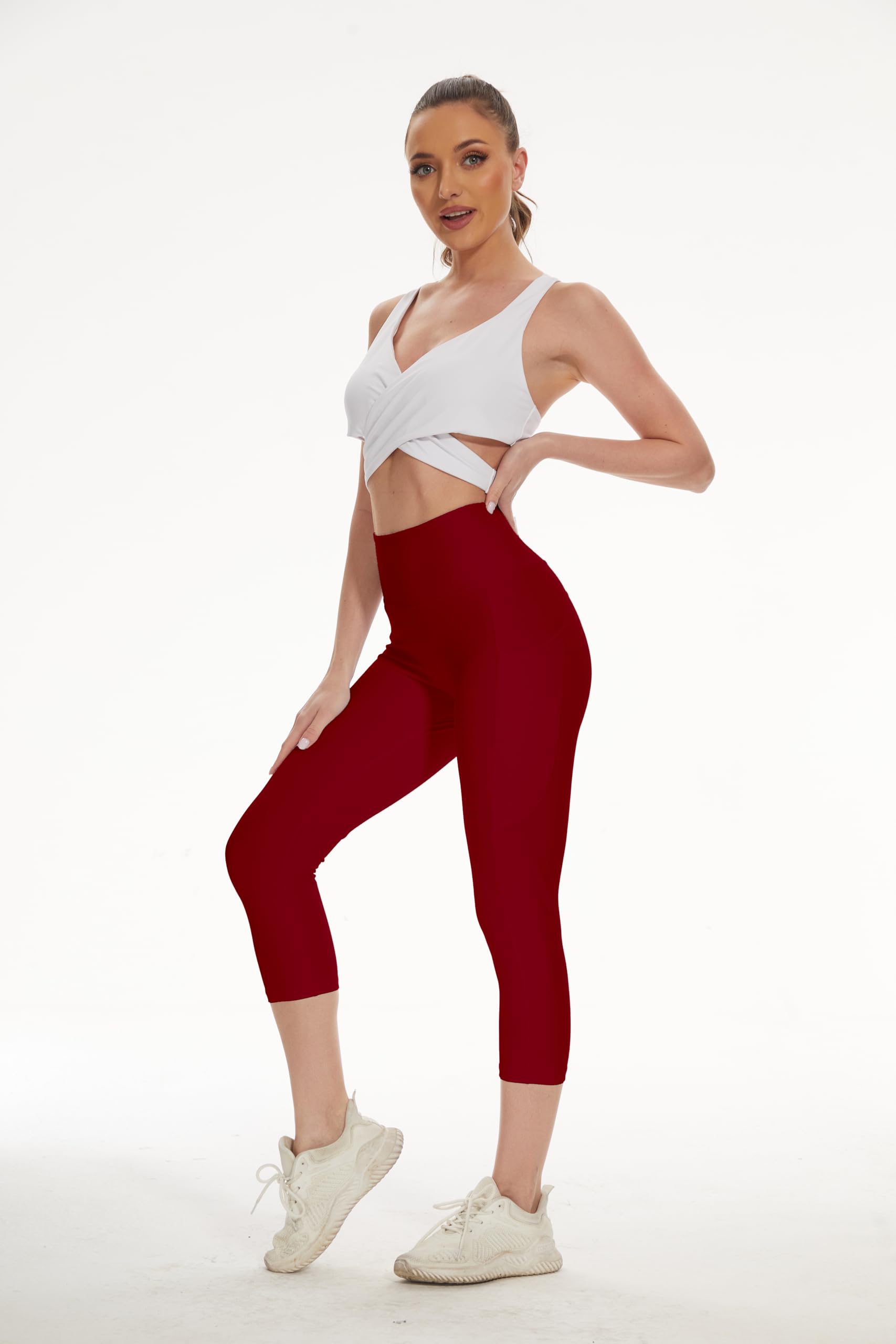 RAYPOSE Womens Workout Capri Leggings for Women with Pockets Plus Size Basic Pants Yoga Gym Casual Summer Fiery Red-M