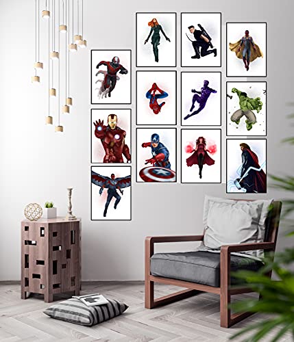 Set of 12 Superhero Posters - Ant-Man - Falcon - Hulk - Wanda - Black Widow - Iron Man - Hawkeye- Spider-Man - Black Panther - Captain America - Thor and Vision (Concept art style, 8x10)