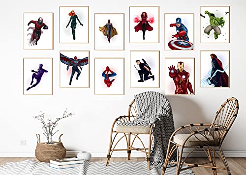 Set of 12 Superhero Posters - Ant-Man - Falcon - Hulk - Wanda - Black Widow - Iron Man - Hawkeye- Spider-Man - Black Panther - Captain America - Thor and Vision (Concept art style, 8x10)