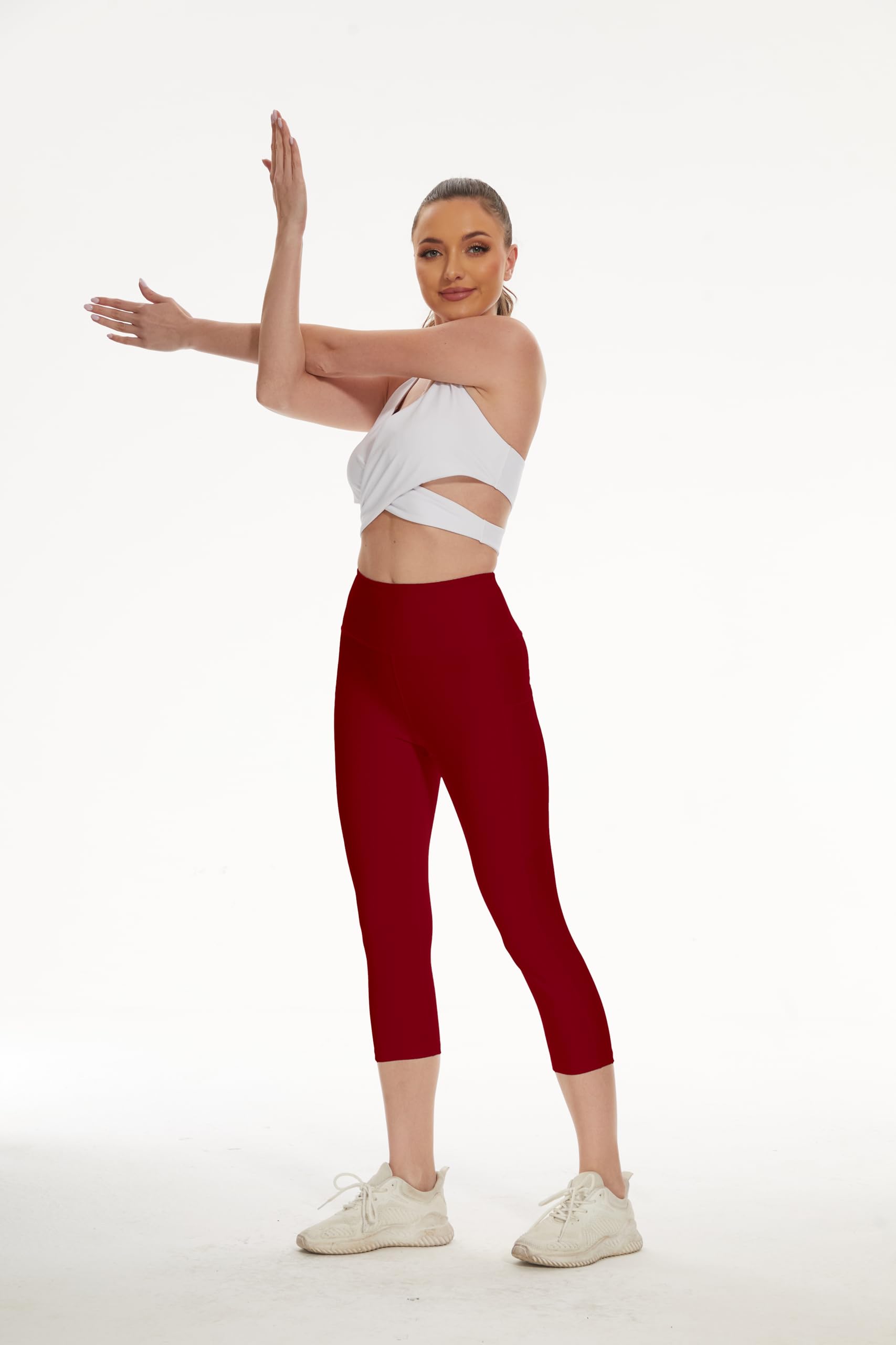 RAYPOSE Womens Workout Capri Leggings for Women with Pockets Plus Size Basic Pants Yoga Gym Casual Summer Fiery Red-M
