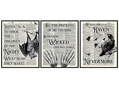 Creepy Spooky Edgar Allan Poe, The Raven Quotes Set - Dracula, Wicca, Vampire Bat, Witch, Witchcraft, Black Magic Supplies - Medieval Goth Wall Art, Gothic Decor - Wiccan Pagan Gift - Vintage Poster