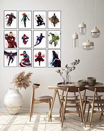 Set of 12 Superhero Posters - Ant-Man - Falcon - Hulk - Wanda - Black Widow - Iron Man - Hawkeye- Spider-Man - Black Panther - Captain America - Thor and Vision (Concept art style, 8x10)