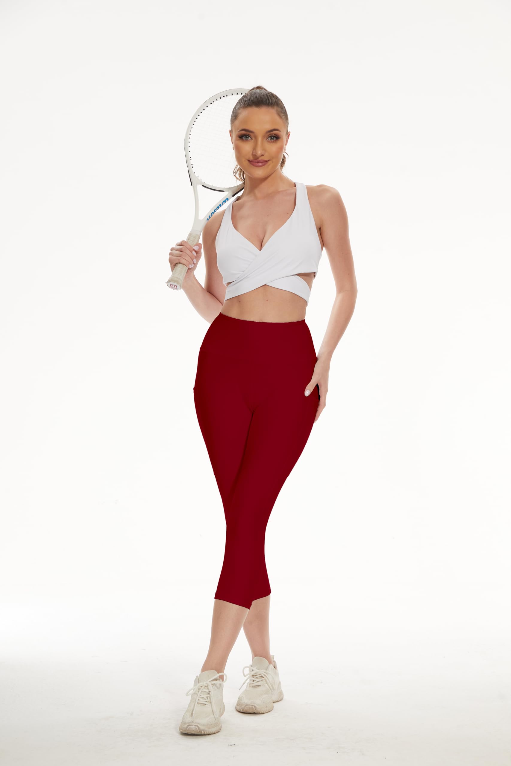RAYPOSE Womens Workout Capri Leggings for Women with Pockets Plus Size Basic Pants Yoga Gym Casual Summer Fiery Red-M