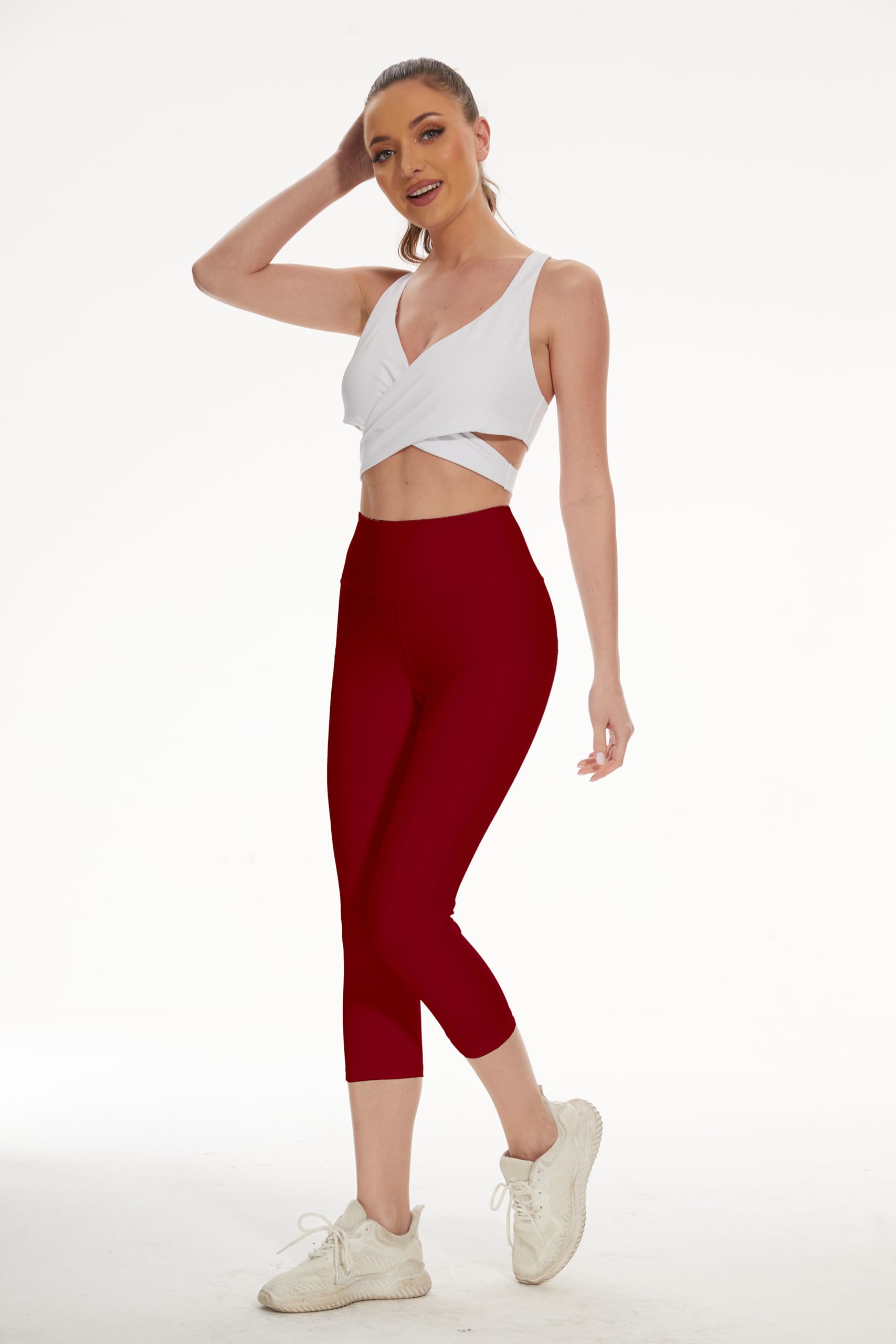 RAYPOSE Womens Workout Capri Leggings for Women with Pockets Plus Size Basic Pants Yoga Gym Casual Summer Fiery Red-M