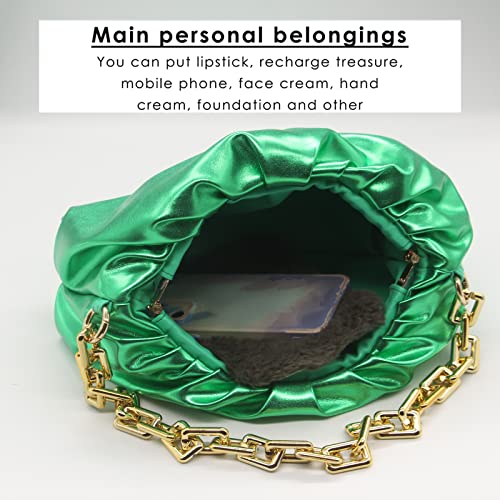 NAARIIAN Women‘s cloud-shape Metallic PU dumpling bags | Chunky chain clutch purses | Detachable shoulder strap Evening Handbags (Apple Green)