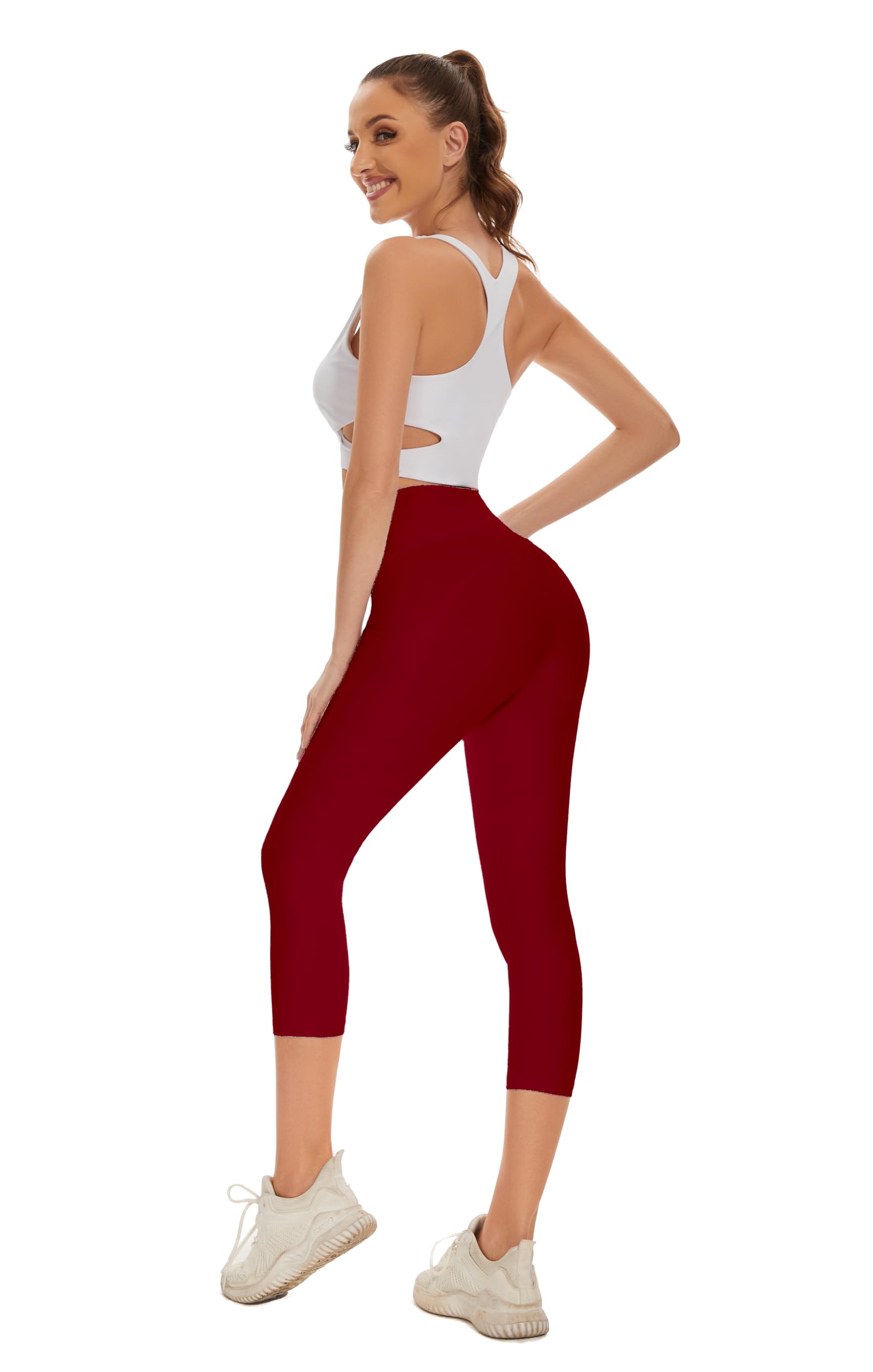 RAYPOSE Womens Workout Capri Leggings for Women with Pockets Plus Size Basic Pants Yoga Gym Casual Summer Fiery Red-M