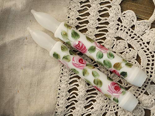 Romantic Decorative Battery Operated 6 Inch Short Flameless Taper Candles with Hand Painted Pink Roses Spring Decor