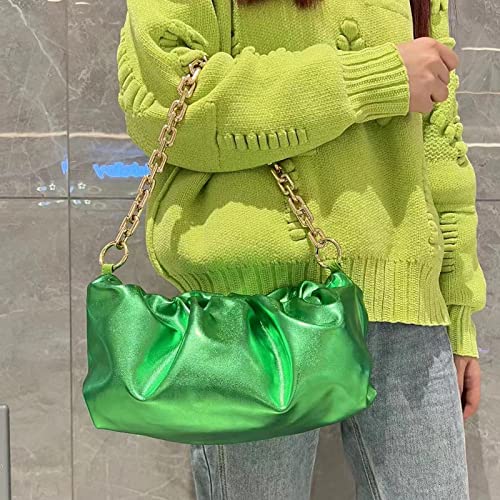 NAARIIAN Women‘s cloud-shape Metallic PU dumpling bags | Chunky chain clutch purses | Detachable shoulder strap Evening Handbags (Apple Green)