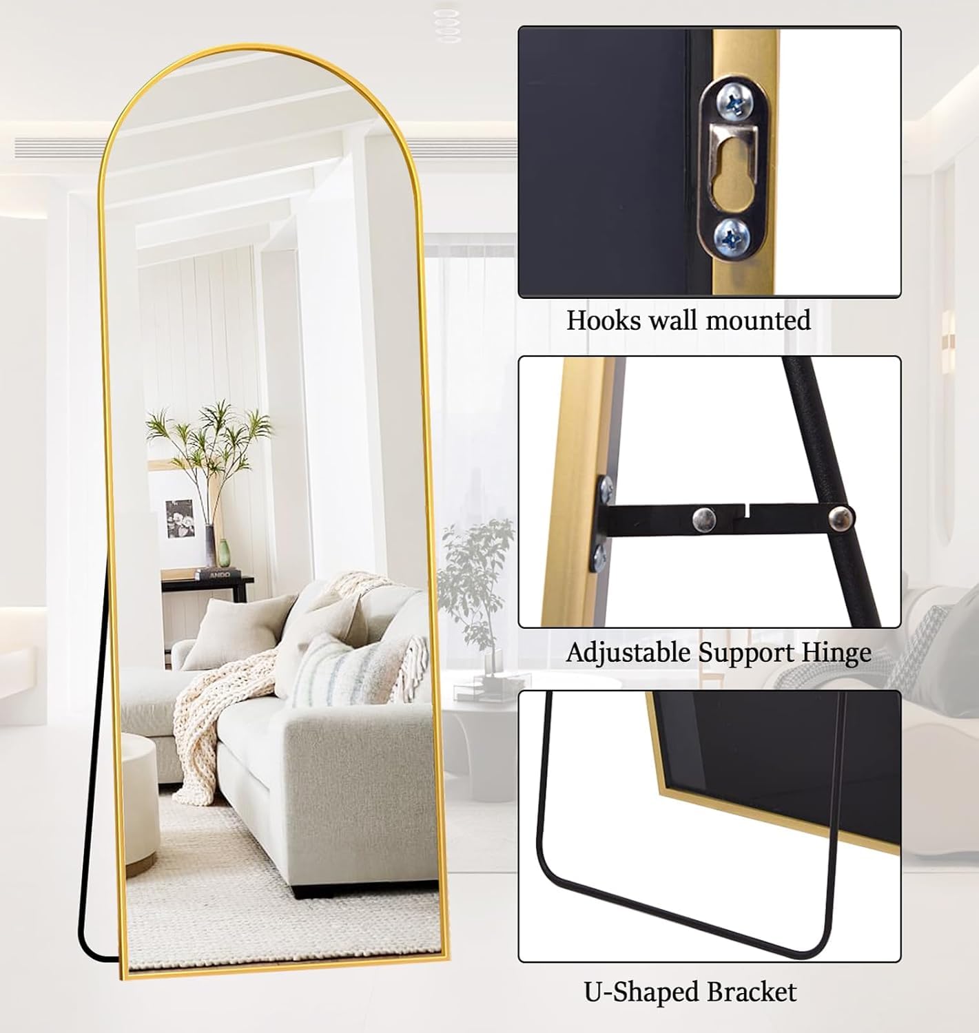 Rowjut 64"x21"Floor Mirror Arched Full Length Mirros, Mirror Floor Length Standing Hanging or Leaning/Large Full Body/Wall Mirror for Bedroom, Living Room, Aluminum Frame, Black