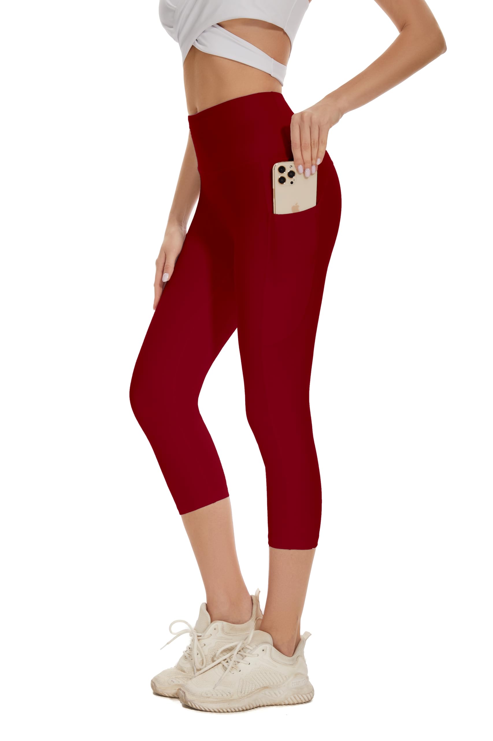 RAYPOSE Womens Workout Capri Leggings for Women with Pockets Plus Size Basic Pants Yoga Gym Casual Summer Fiery Red-M