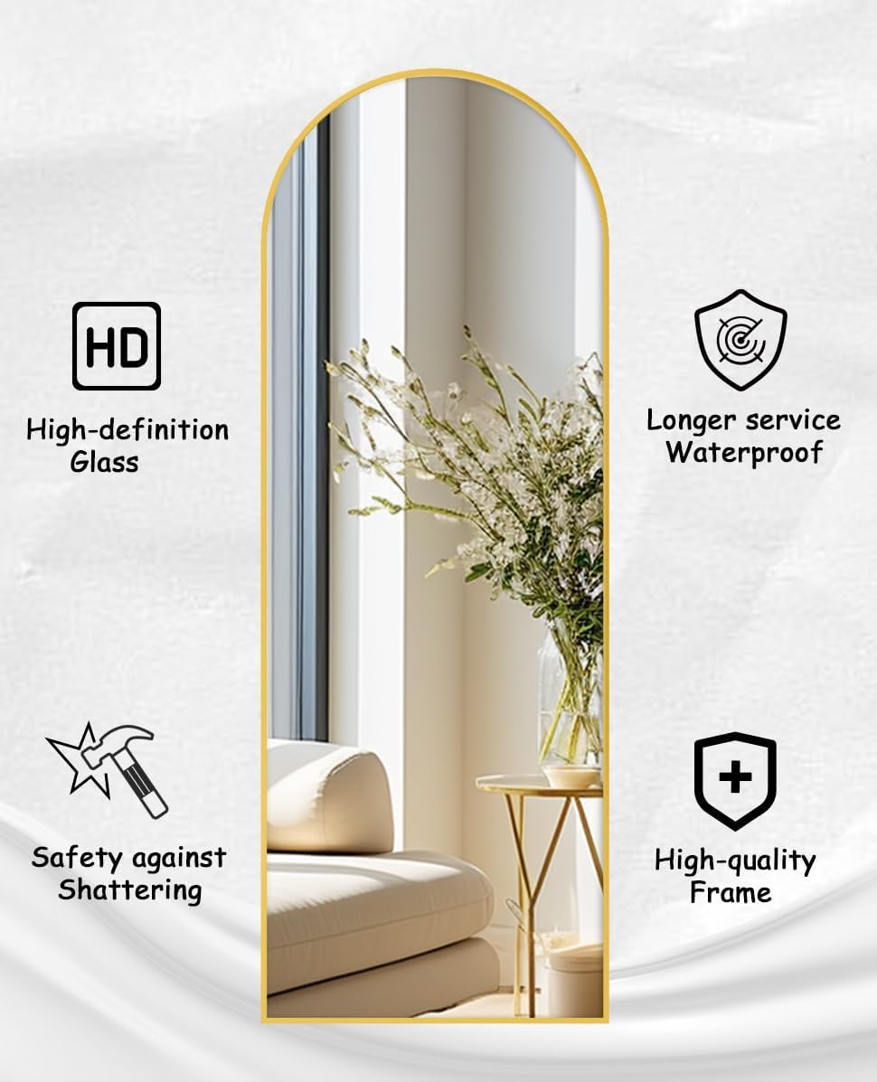 Rowjut 64"x21"Floor Mirror Arched Full Length Mirros, Mirror Floor Length Standing Hanging or Leaning/Large Full Body/Wall Mirror for Bedroom, Living Room, Aluminum Frame, Black