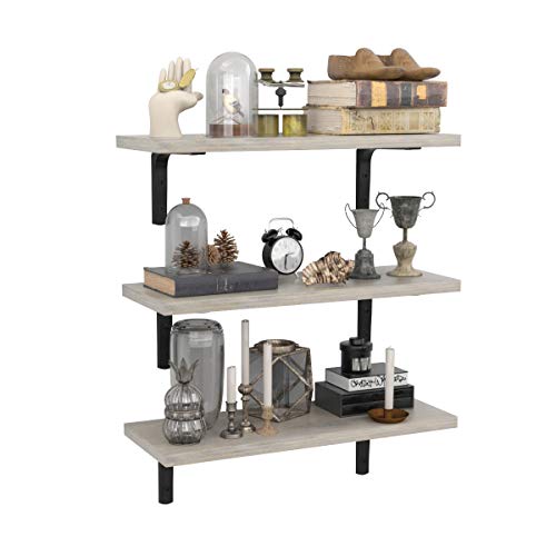 MDLUFFY Farmhouse Floating Shelves Wood Wall Mounted Storage Rack Rustic Shelf Home Office Decoration 16" L x 6" W x 0.6 D Set of 3 (Grey)