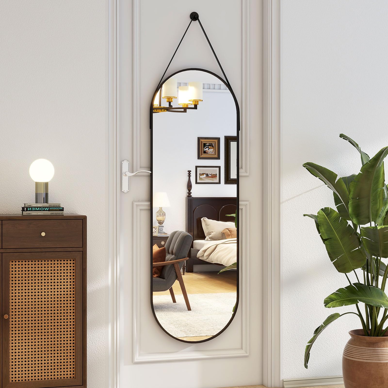 XRAMFY 16''x48'' Full Length Mirror with Hanging Leather Cord,Modern Aluminum Frame Full Body Hanging Mirror for Bathroom Vanity Living Room Bedroom Entrance