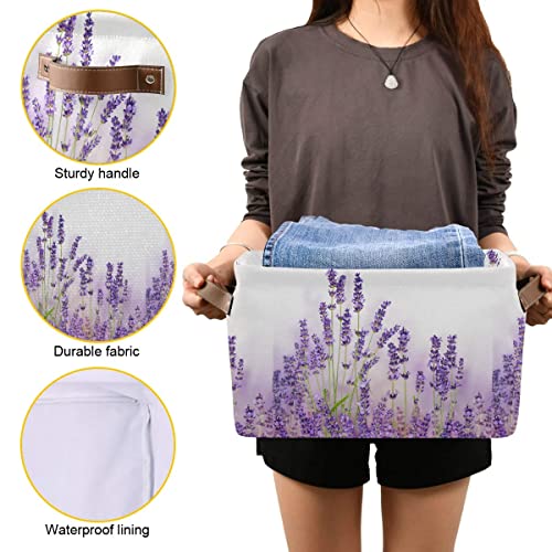 KEEPREAL Lavender Flowers Storage Basket Bin, Large Cube Storage Box Canvas Collapsible Storage Organizer for Home Office Closet - 15 L x 11 W x 9.5 H